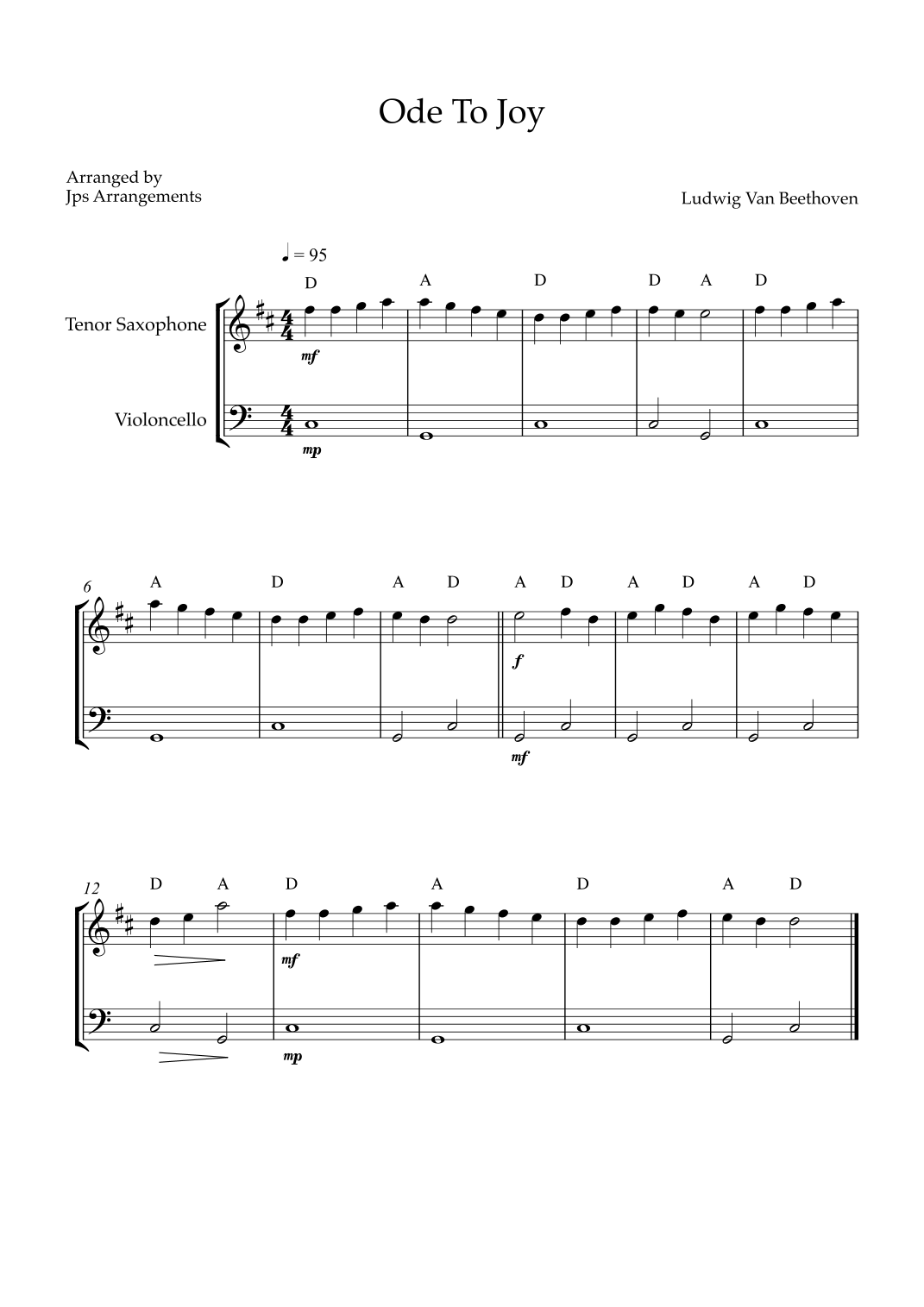 Ode to Joy for Tenor saxophone and Cello - Key of C (arr. Jps ...