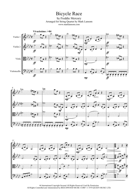 Bicycle Race (arr. Mark Lansom) by Queen Sheet Music for String Quartet ...