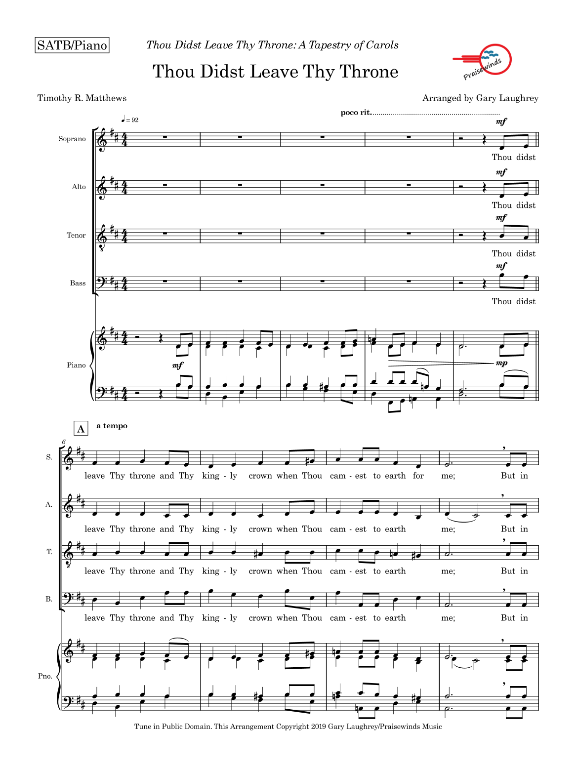 Thou Didst Leave Thy Throne (arr. Gary Laughrey) by Timothy R. Mattews ...