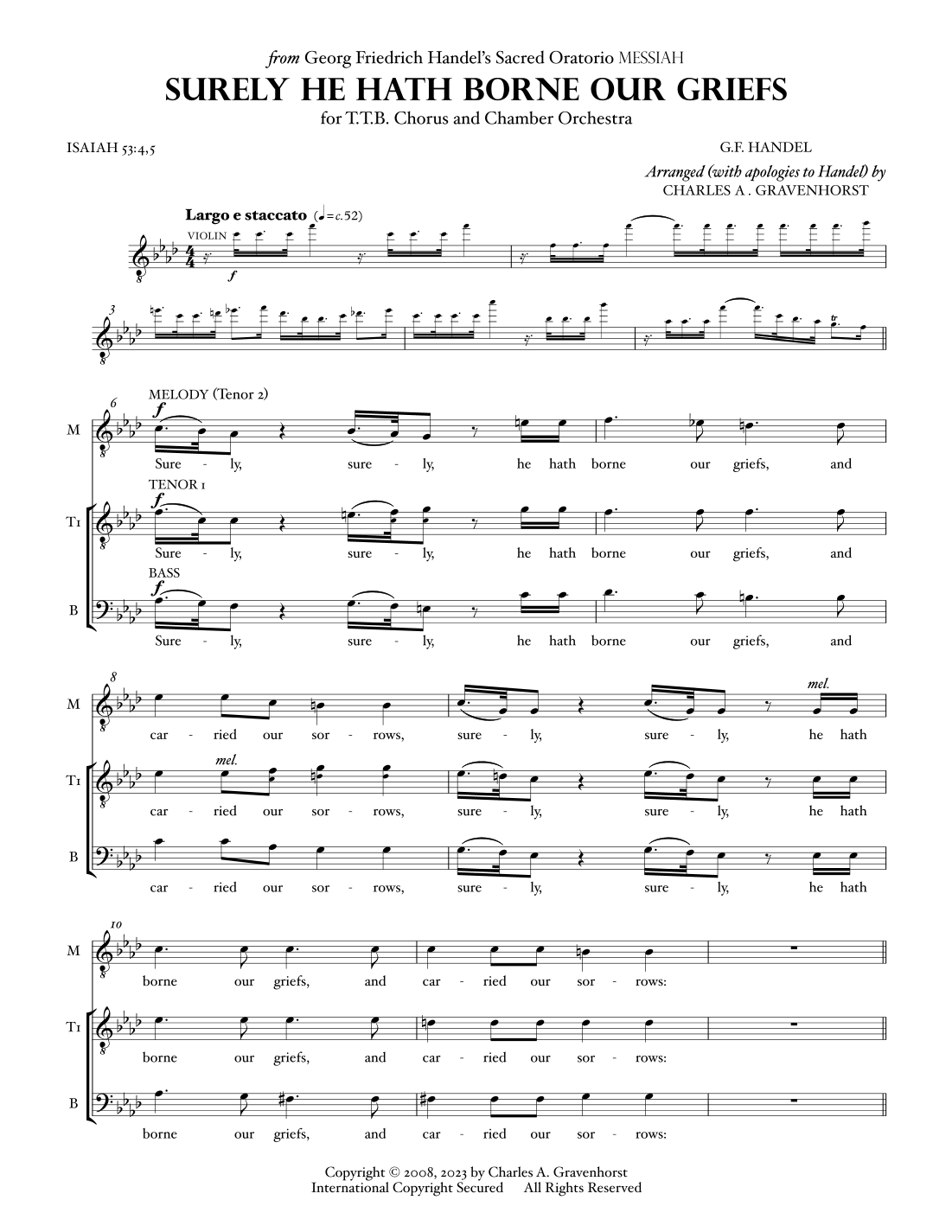 Surely He Hath Borne Our Griefs (from “MESSIAH”) for Men’s Chorus (TTB ...