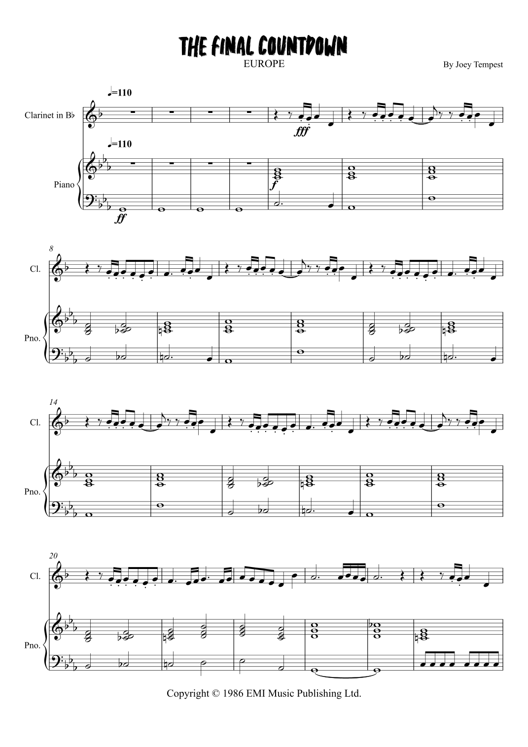 Final Countdown (arr. Grant Golding) by Europe Sheet Music for Clarinet ...