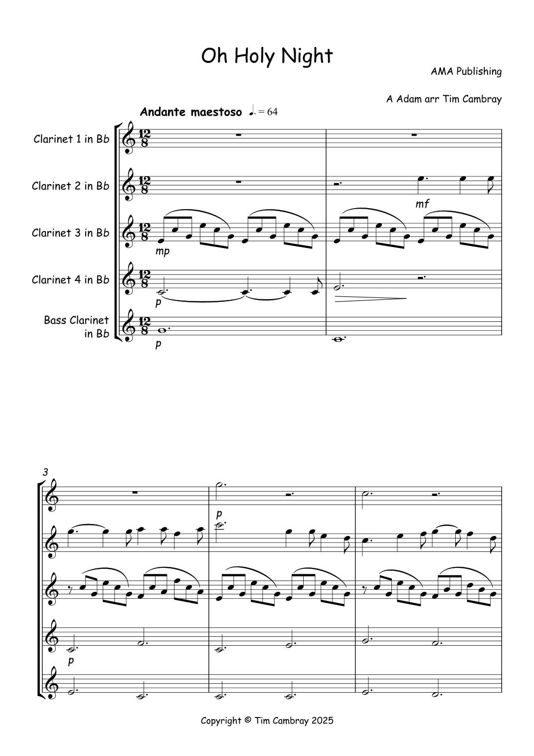 Oh Holy Night (arr. Tim Cambray) by A Adam Sheet Music for Woodwind ...