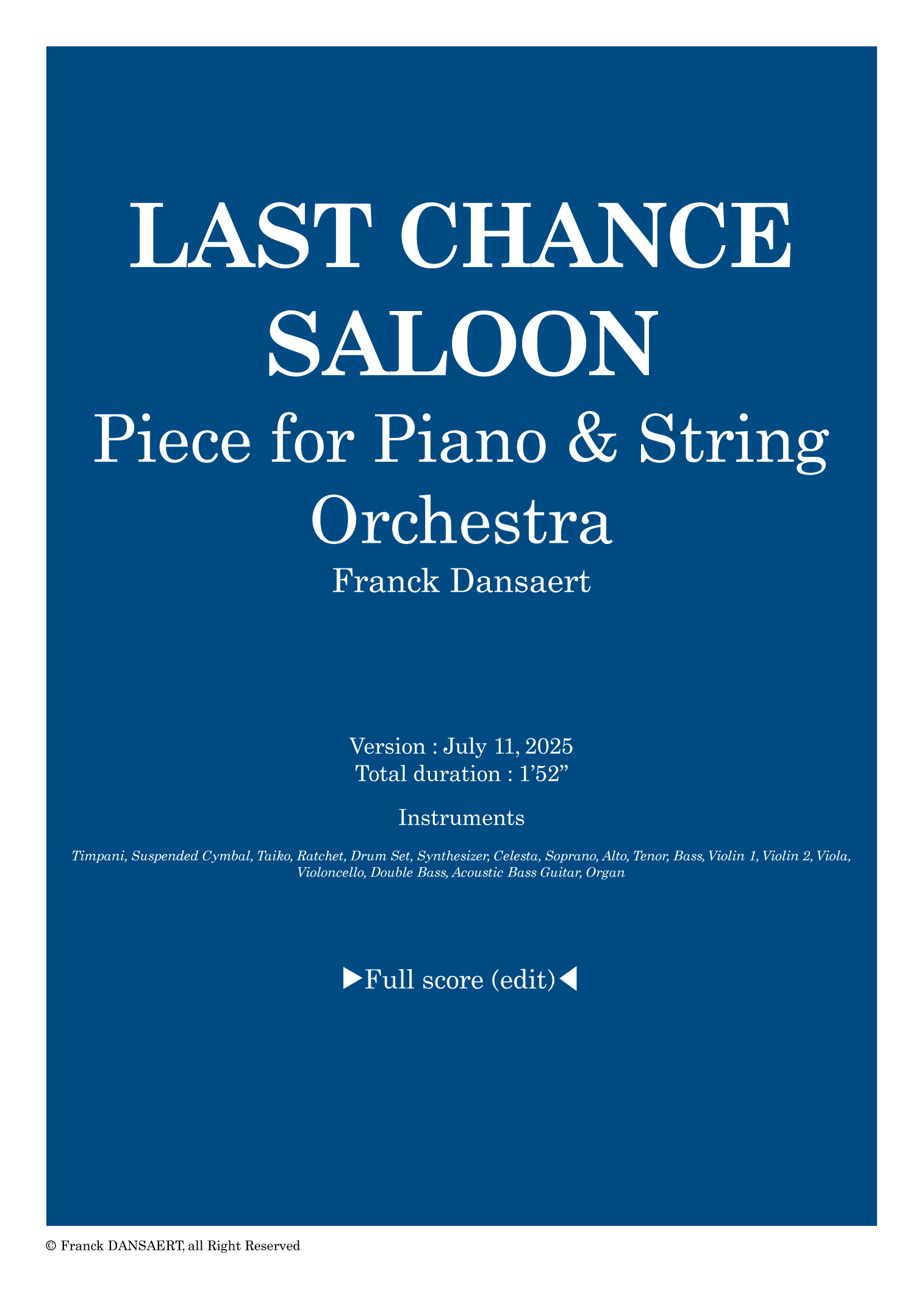 Last Chance Saloon - Score Only by Franck Dansaert Sheet Music for Full ...