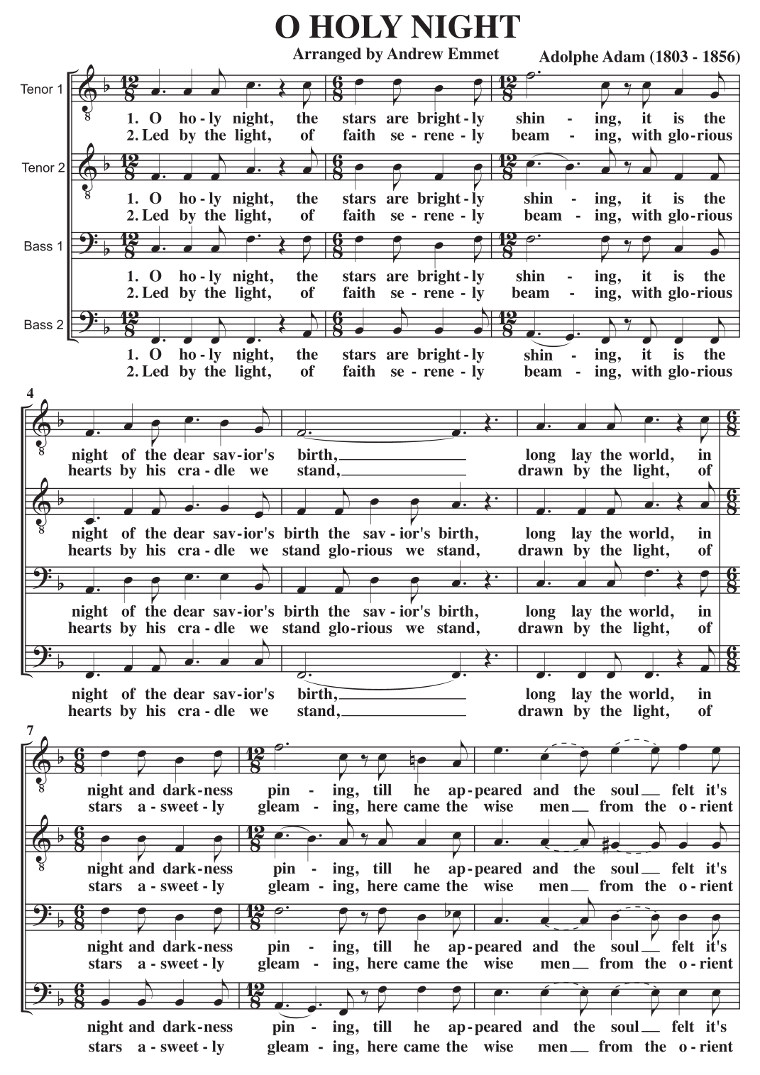 O Holy Night A Cappella TTBB in F (arr. Andrew Emmet) by Adolphe Adam ...