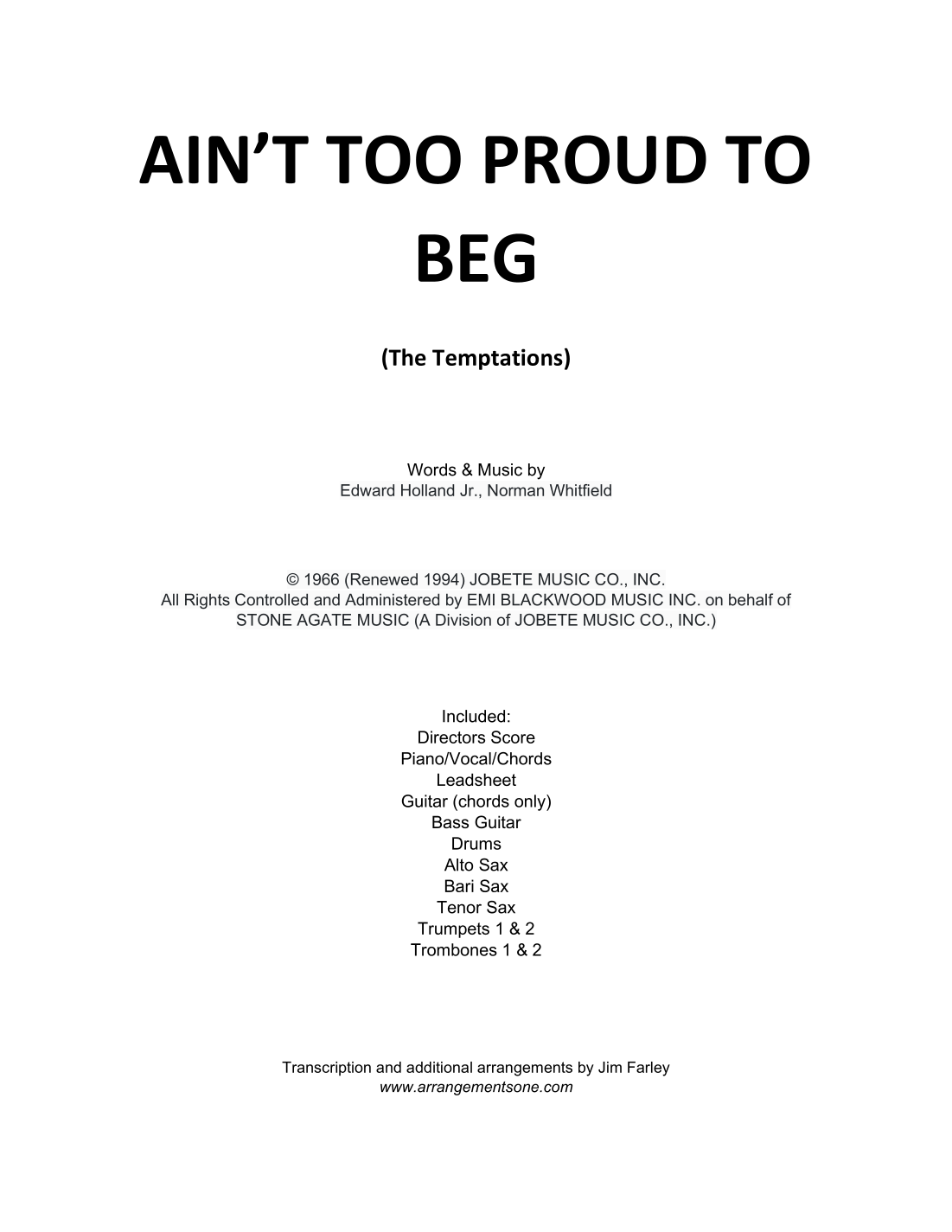 Ain't Too Proud To Beg (arr. Jim Farley) by The Temptations Sheet Music ...