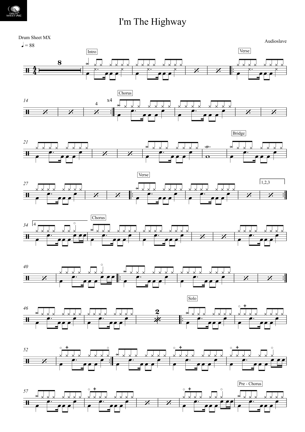 I Am The Highway (arr. Drum Sheet MX) by Audioslave Sheet Music for ...