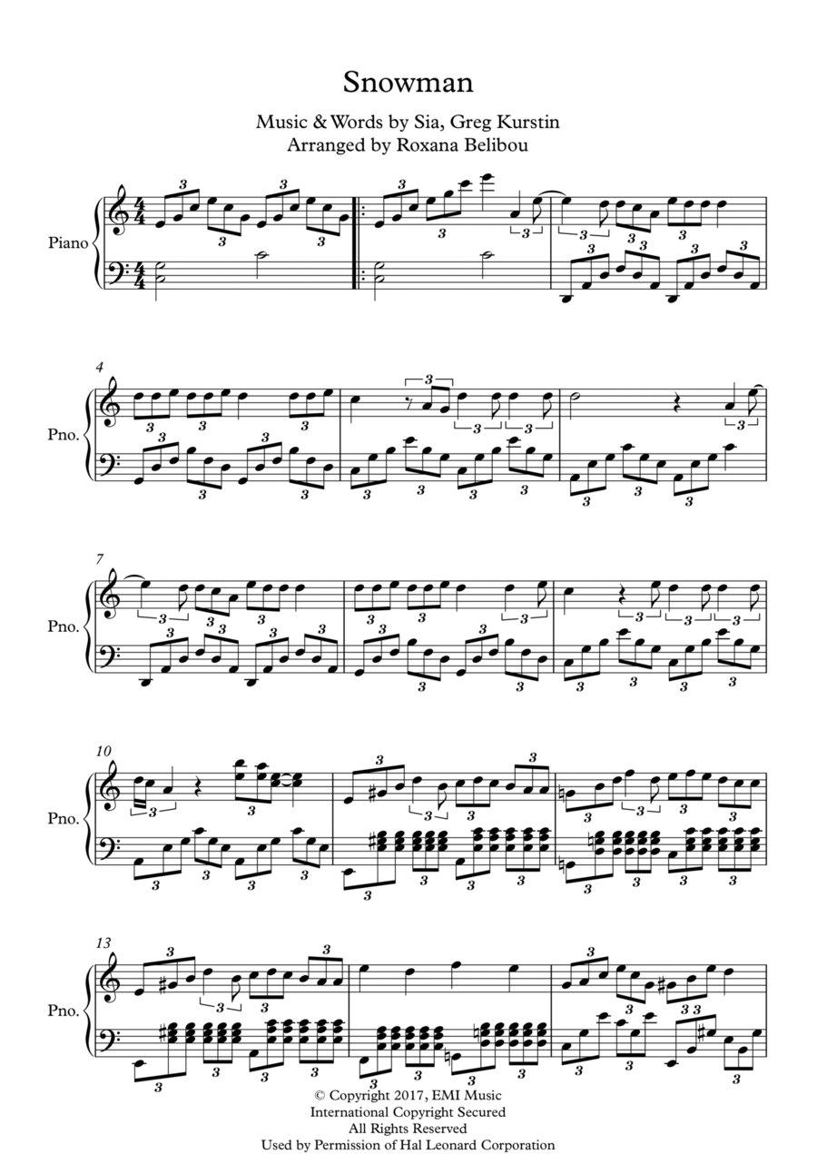 Snowman arr Roxana Belibou Sheet Music Sia Piano Solo