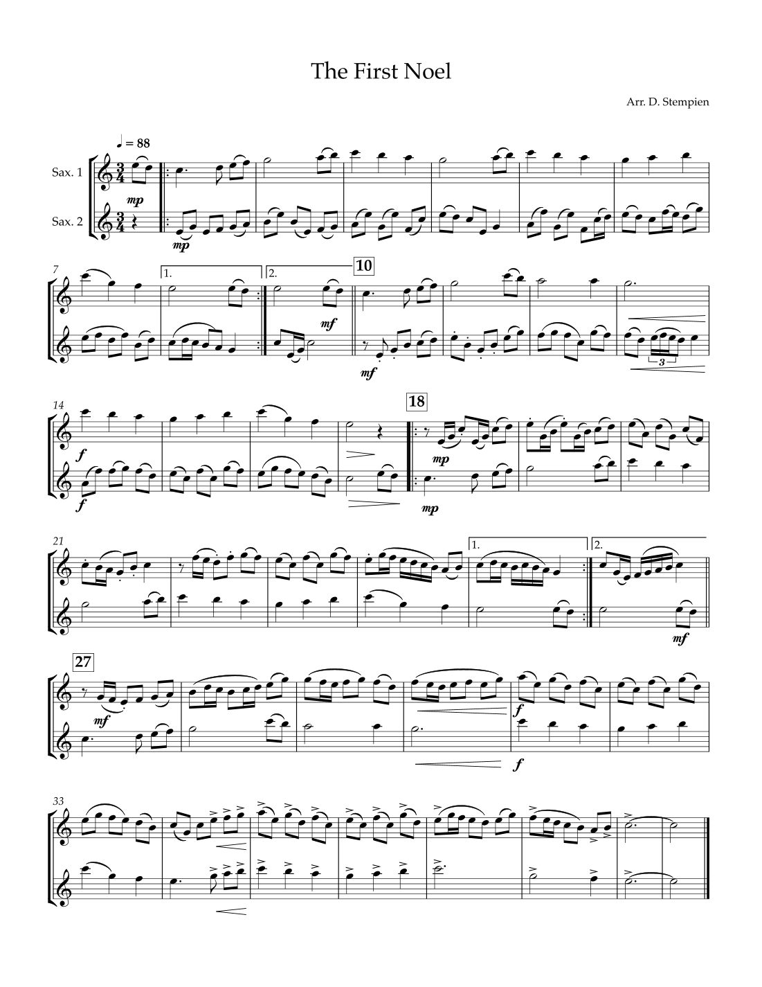 The First Noel for Soprano Saxophone Duet (Written Key of C) (arr ...