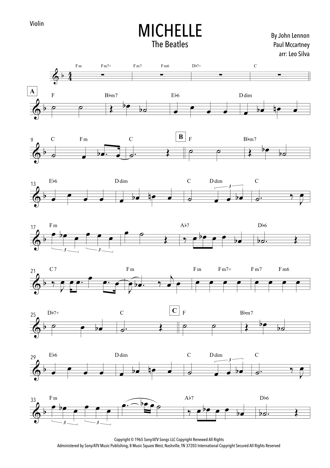 Michelle (arr. Leo Silva) by The Beatles Sheet Music for Violin Solo at ...