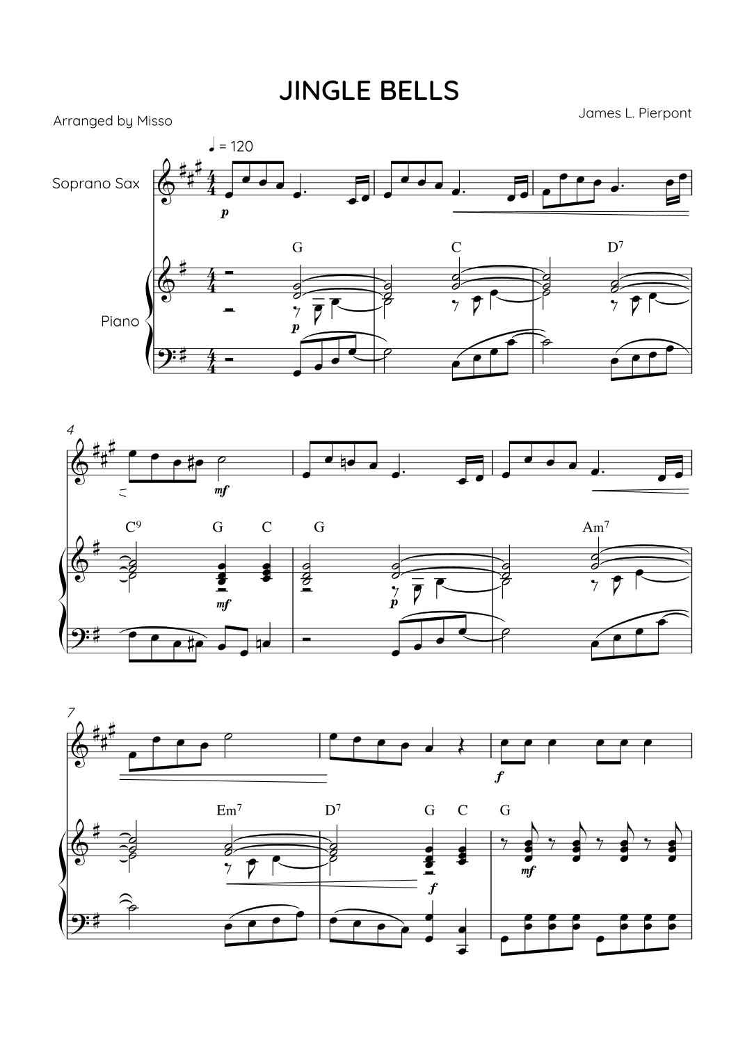 Jingle Bells - Soprano Sax & Piano in G Major - Intermediate With ...