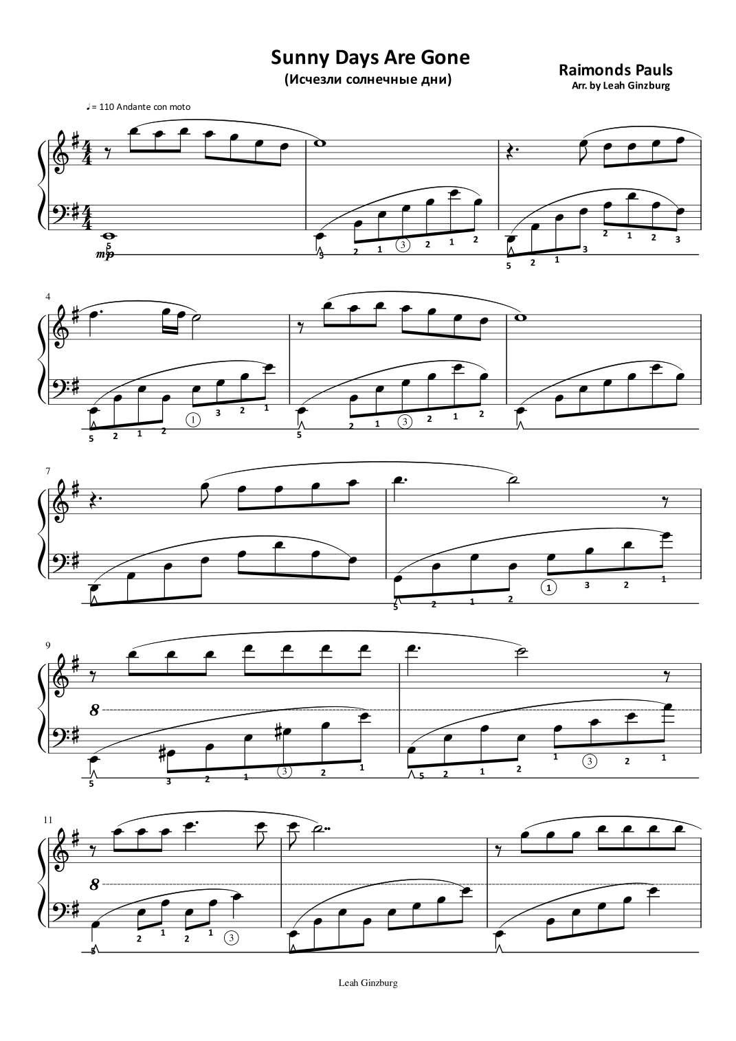 Sunny Days Are Gone (by Raimonds Pauls) (arr. Leah Ginzburg) by ...