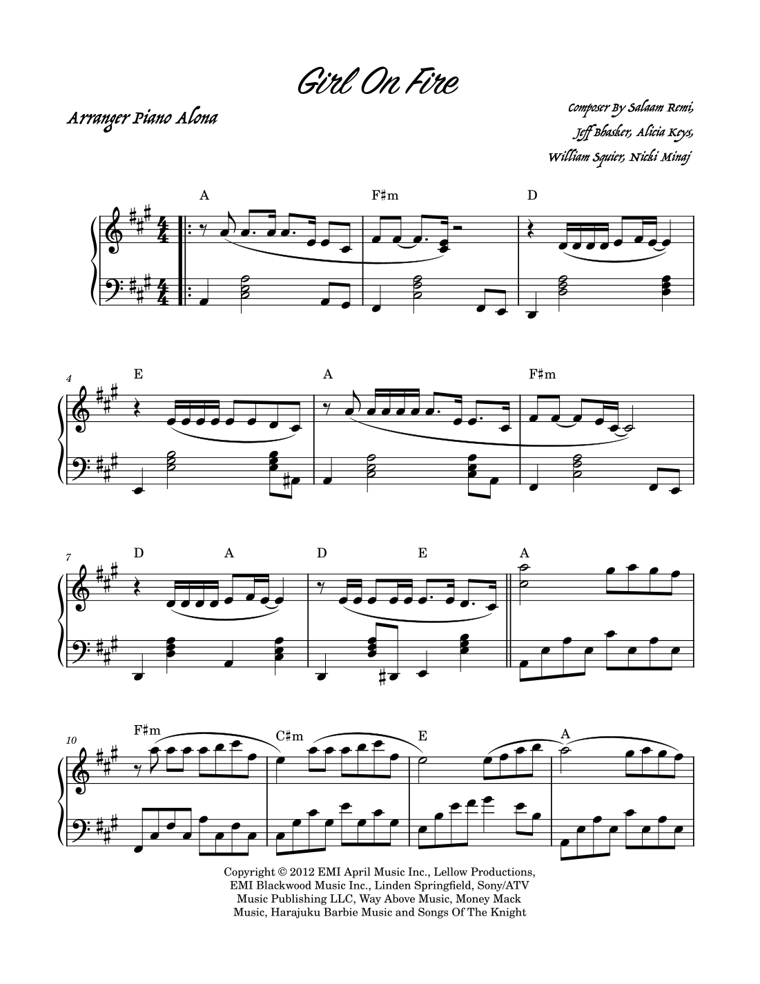 Girl On Fire (Inferno Version) (arr. Piano Alona) von Alicia Keys Featuring Nicki Minaj Noten ...