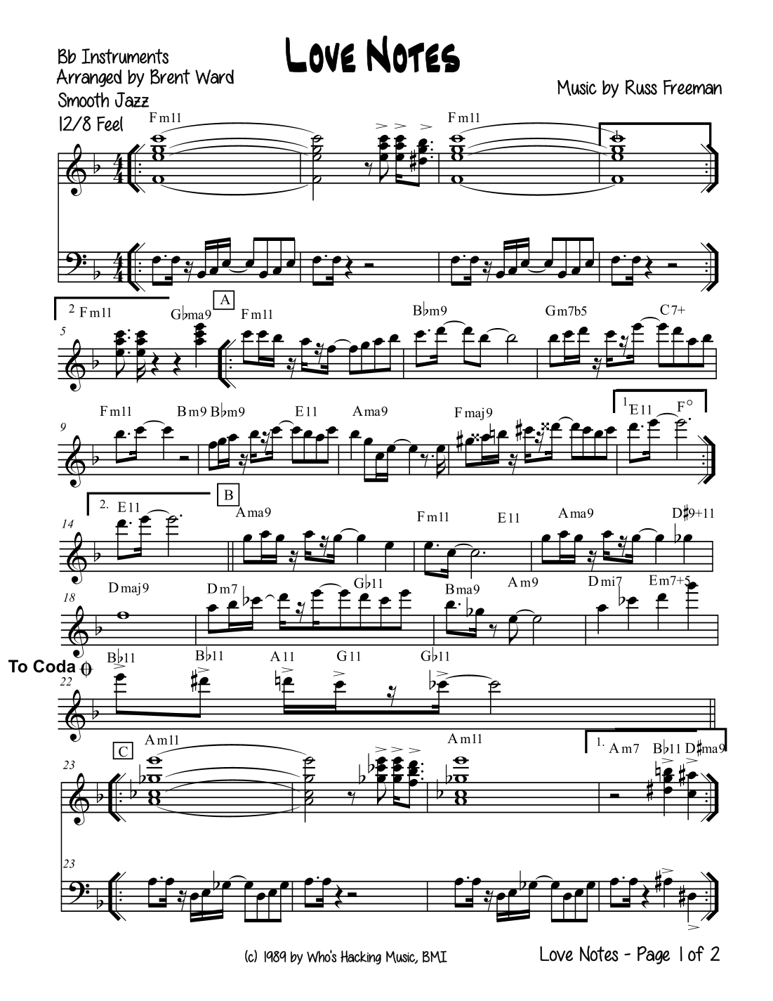Love Notes (arr. Brent Ward) by Russ Freeman Sheet Music for Lead Sheet ...