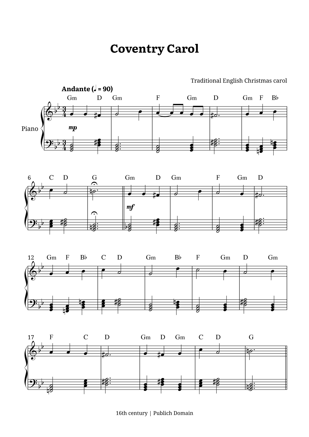 Coventry Carol — Piano (G minor, with Chord Symbols) (arr. D. M. Scores ...
