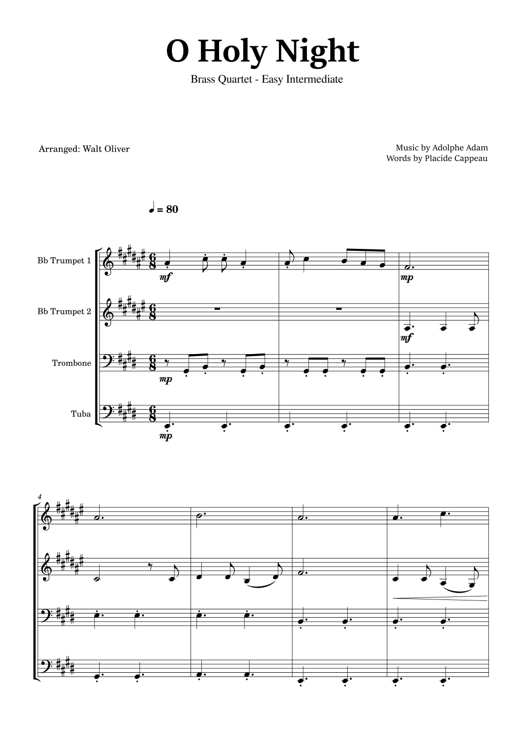 O Holy Night - Brass Quartet and Piano - Easy Intermediate - E major(Score & Parts) (arr. Walt ...