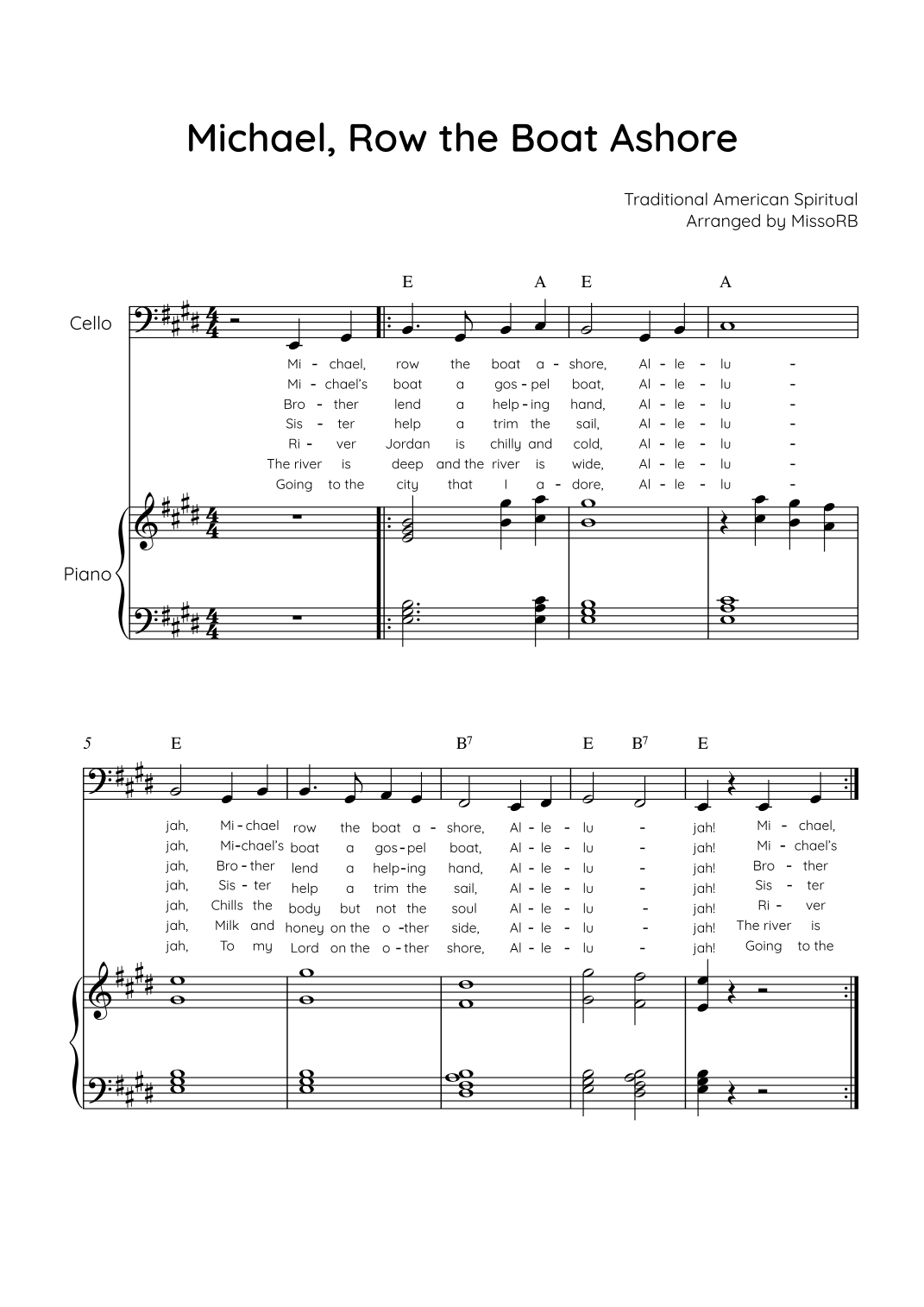 Michael, Row the Boat Ashore - Cello & Piano in E With Chords & Lyric ...