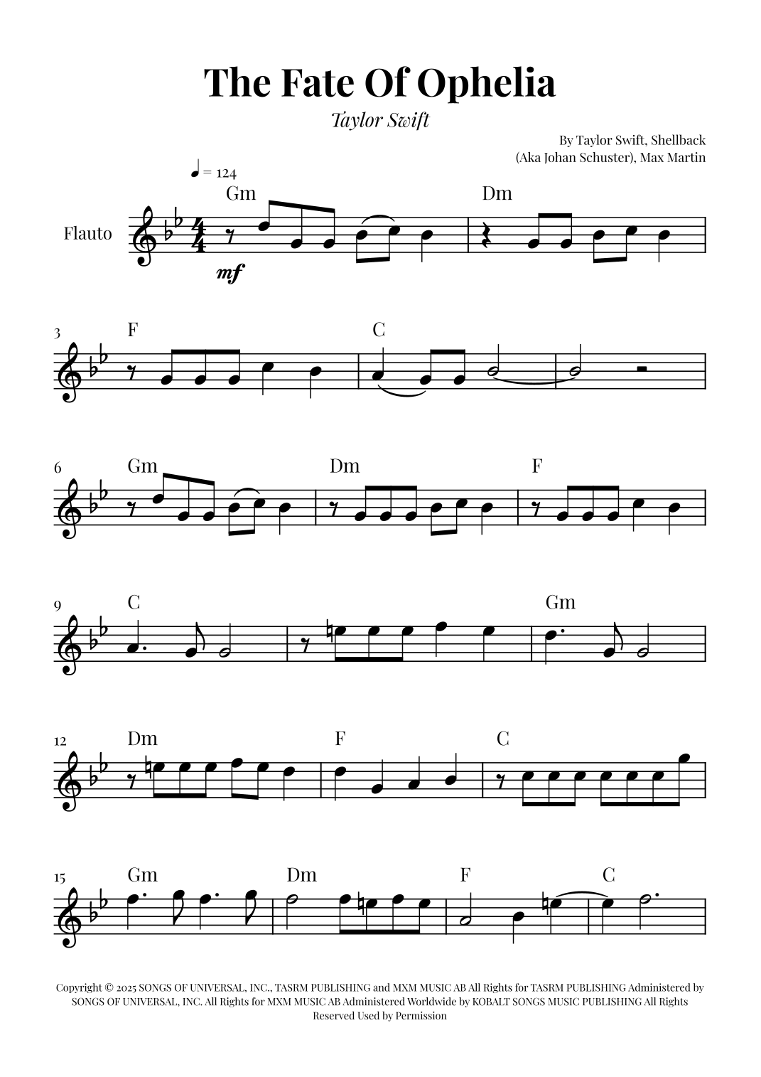 The Fate Of Ophelia by Taylor Swift Sheet Music for Flute Solo (arr ...