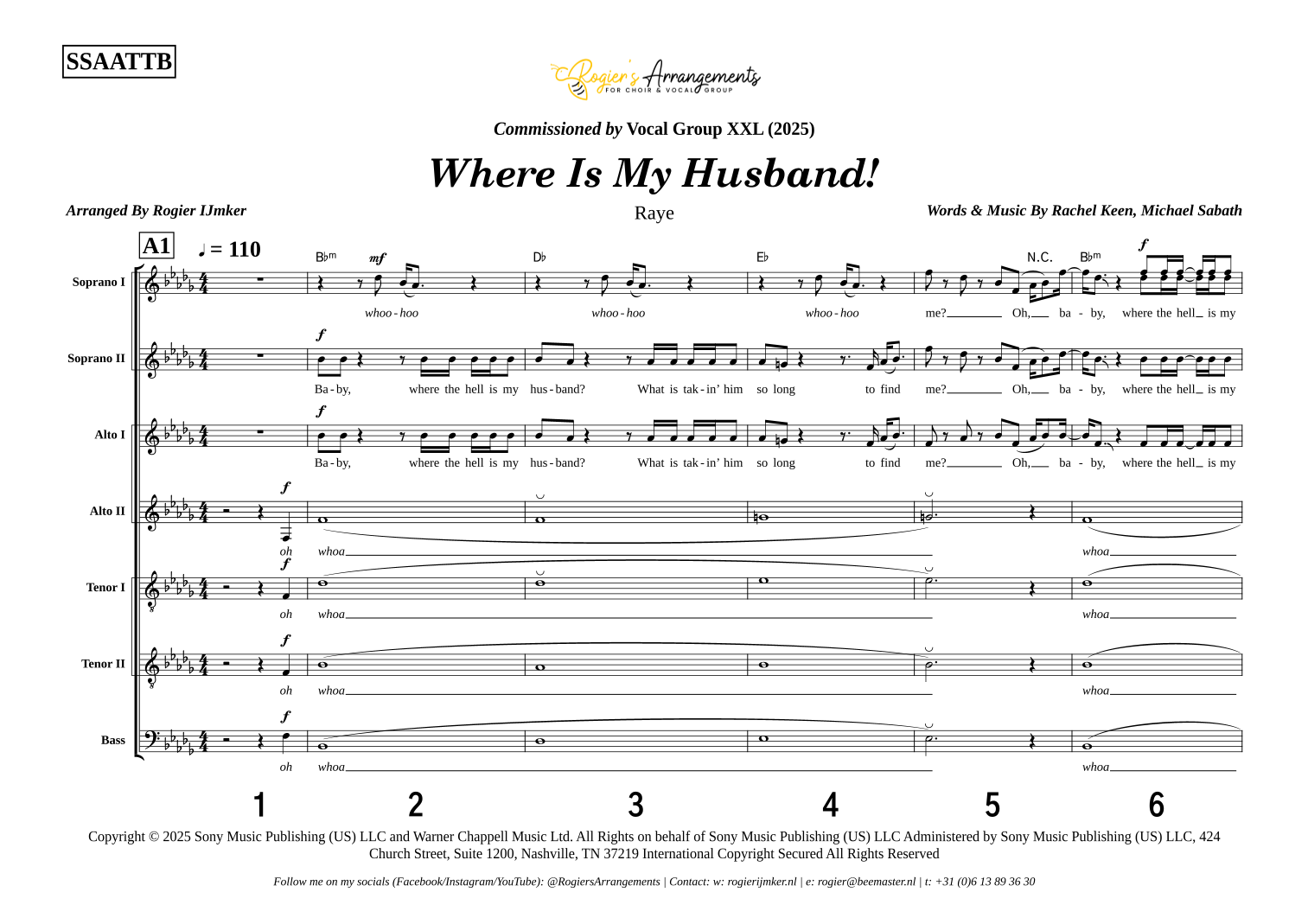 Where Is My Husband! (arr. Rogier Ijmker) by RAYE Sheet Music for SATB ...