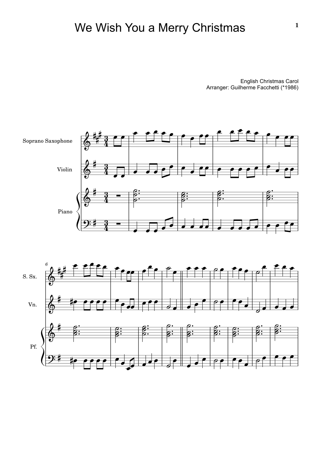 We Wish You a Merry Christmas - For S. Sax., Violin and Piano. With ...