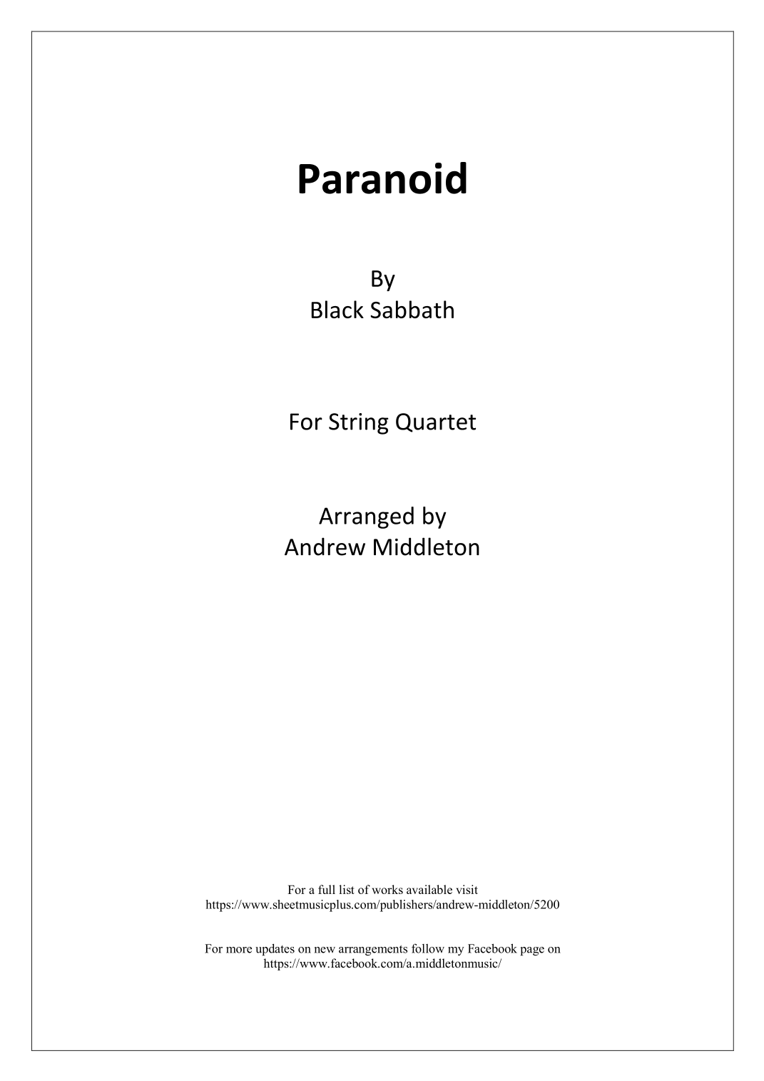 Paranoid (arr. Andrew Middleton) by Black Sabbath Sheet Music for ...