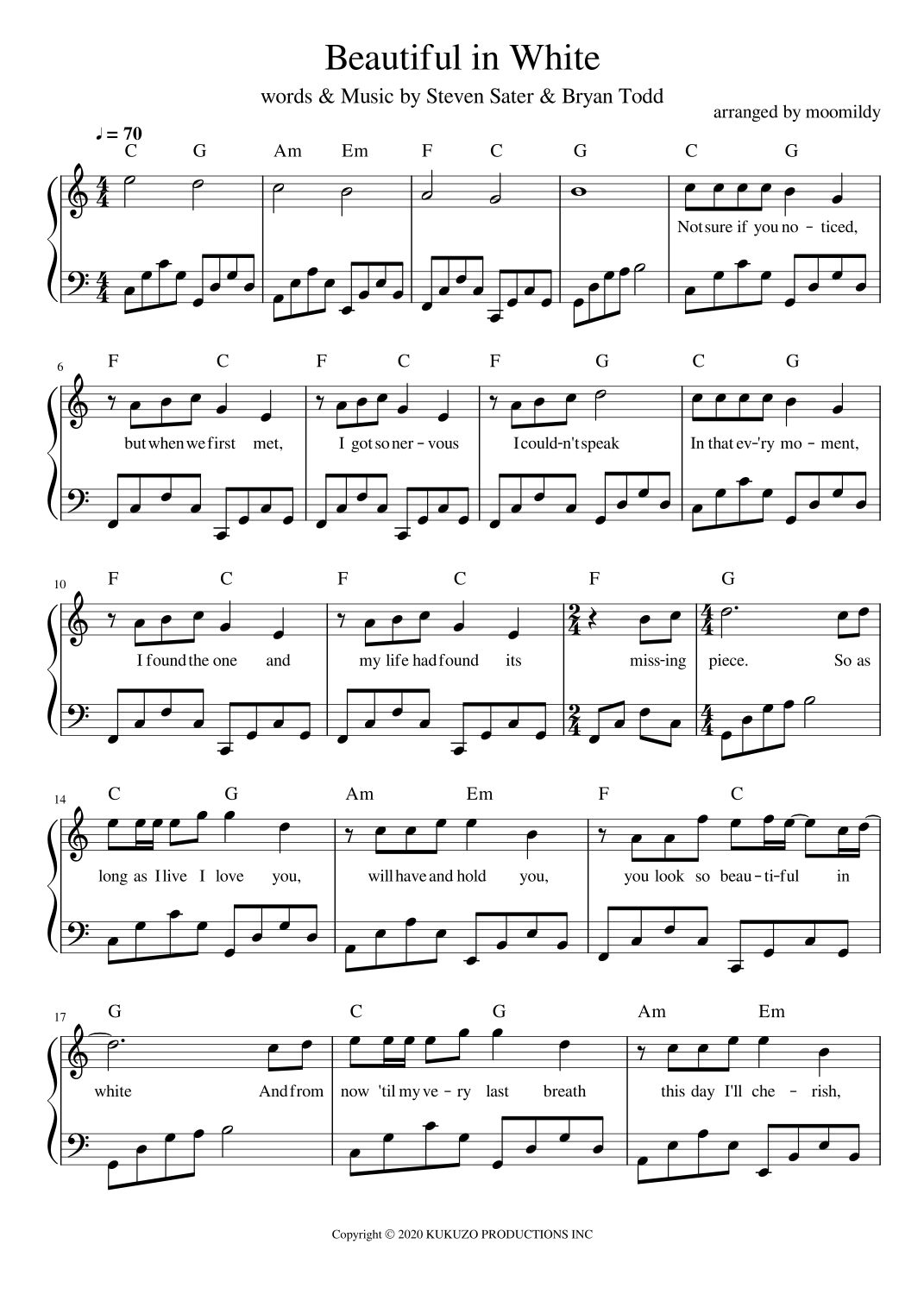 Beautiful In White (arr. arranged by moomildy) by Steven Sater Sheet ...