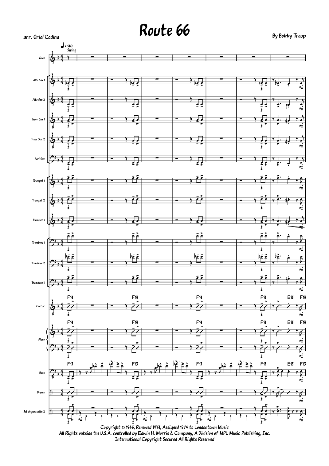 Route 66 (arr. Oriol Codina) by Manhattan Transfer Sheet Music for Jazz Ensemble at Sheet Music ...