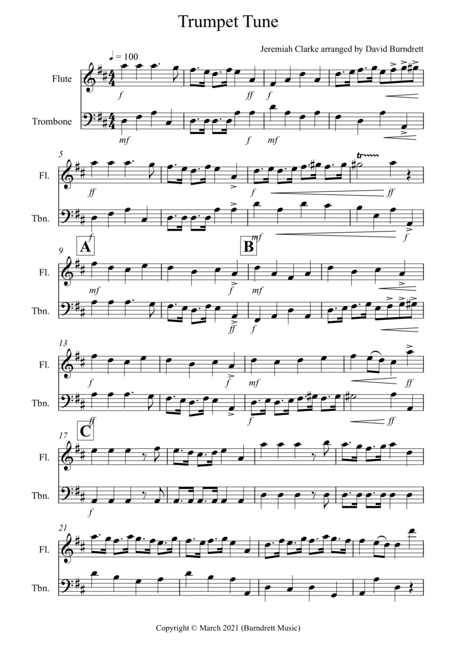 Trumpet Tune for Flute and Trombone Duet (arr. David Burndrett) by Jeremiah Clarke Sheet Music ...