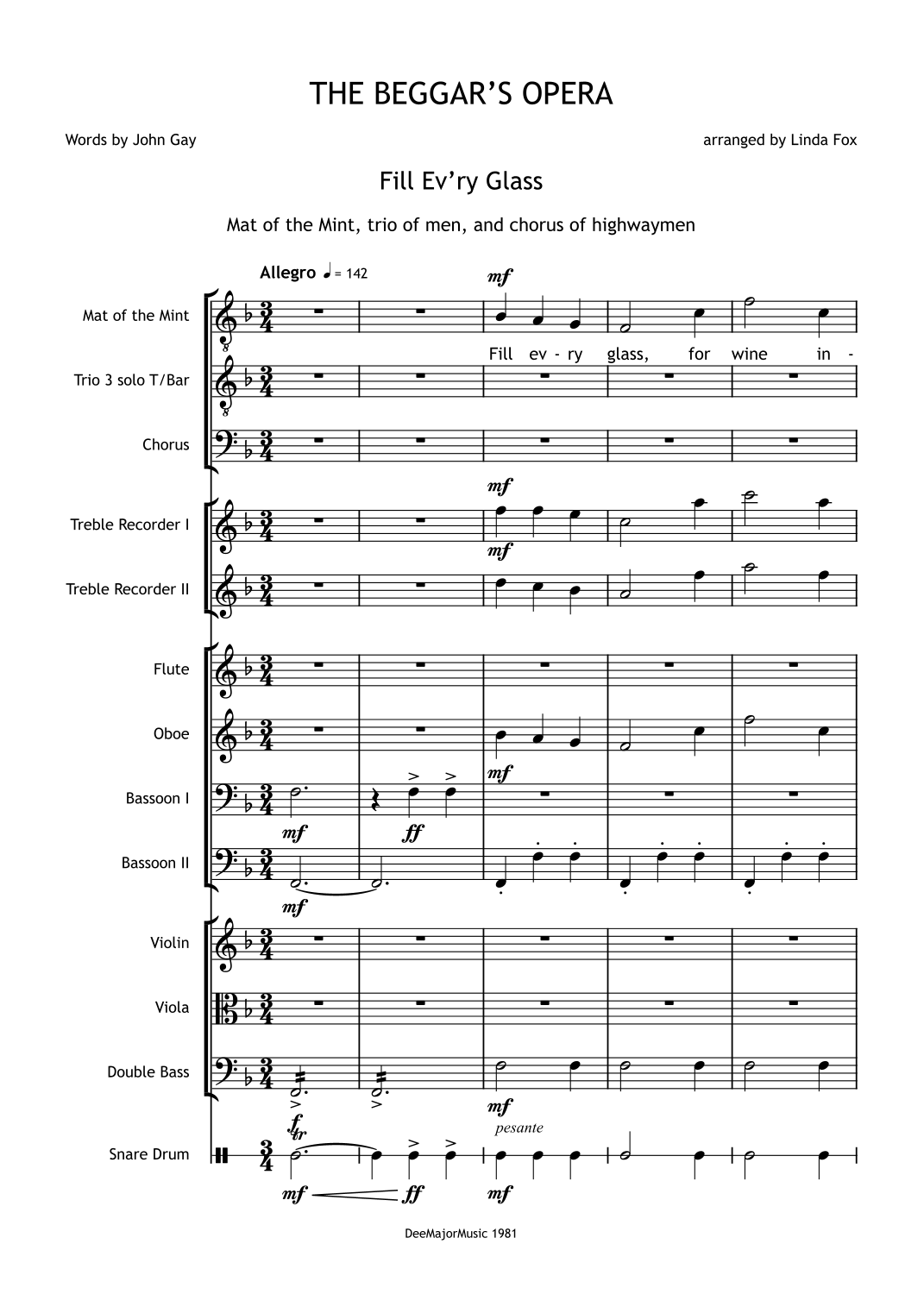 Fill Every Glass, from The Beggar's Opera (arr. Linda Fox) by Unknown ...