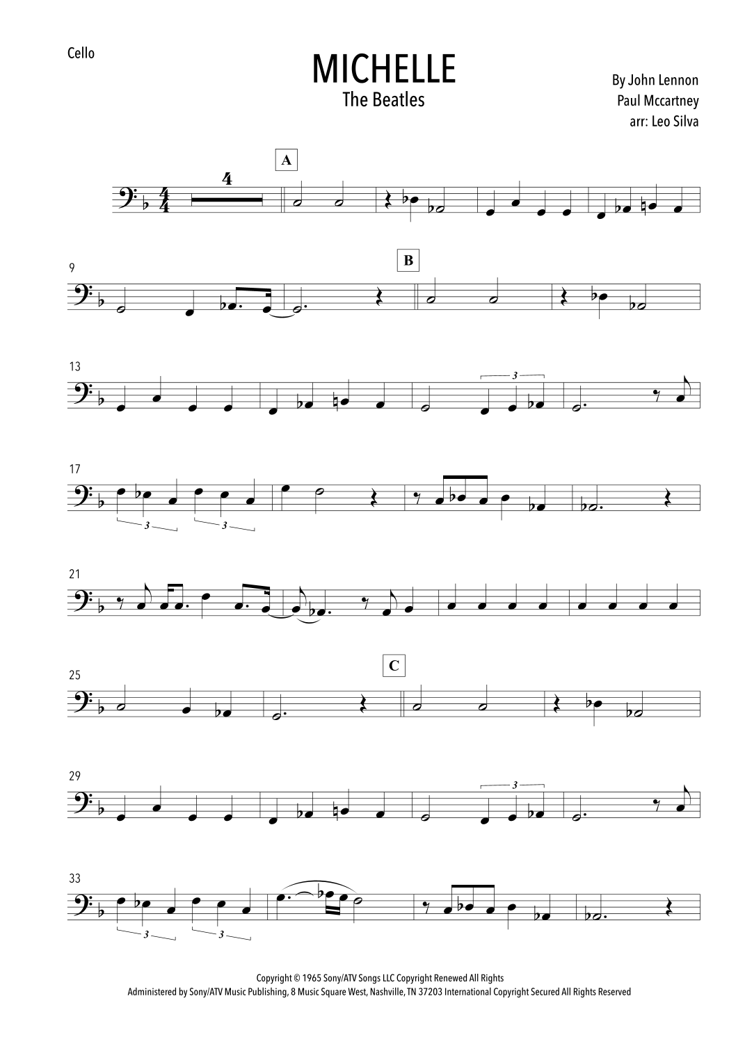 Michelle (arr. Leo Silva) by The Beatles Sheet Music for Cello Solo at ...