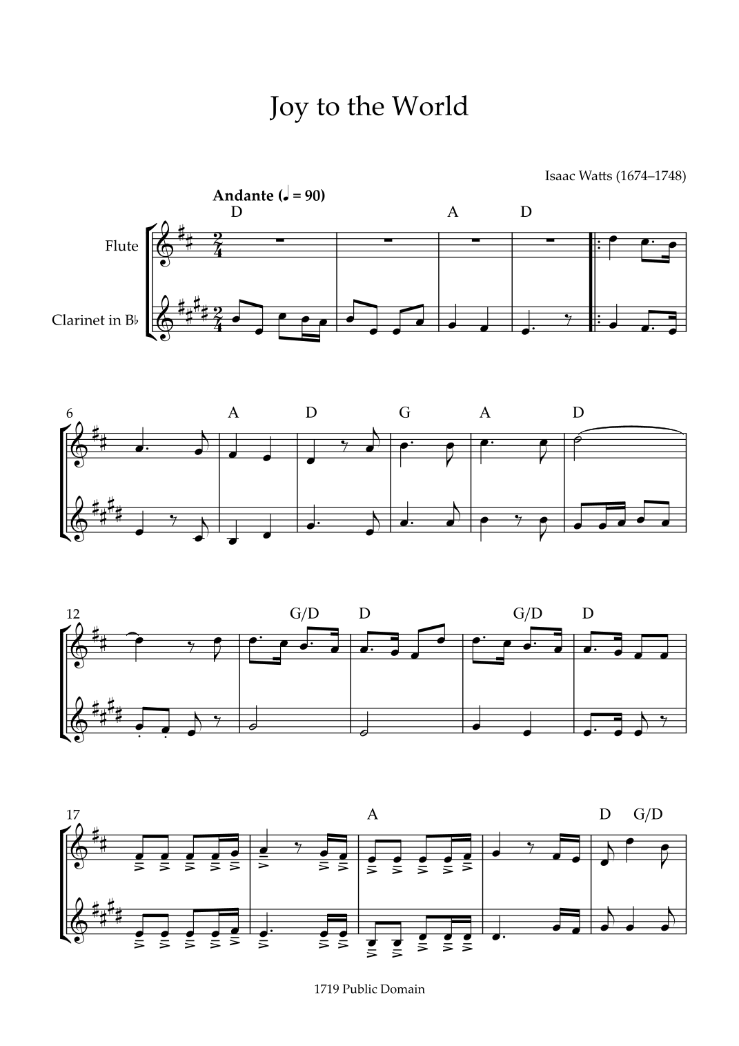 Joy to the World – Flute and Bb Clarinet Duet (D major, with Chord ...