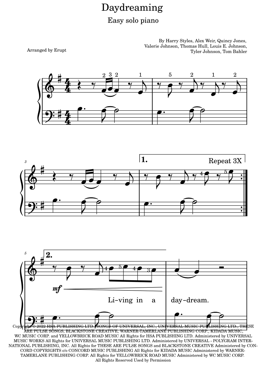 Daydreaming (arr. Erupt) by Harry Styles Sheet Music for Piano Solo at ...