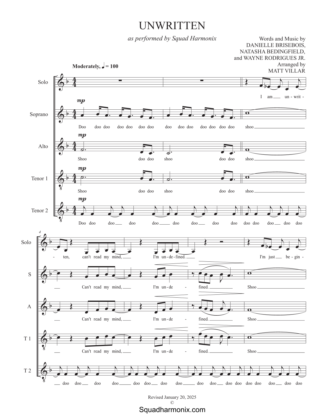 Unwritten (arr. Matt Villar by Natasha Bedingfield Sheet Music for SAT ...
