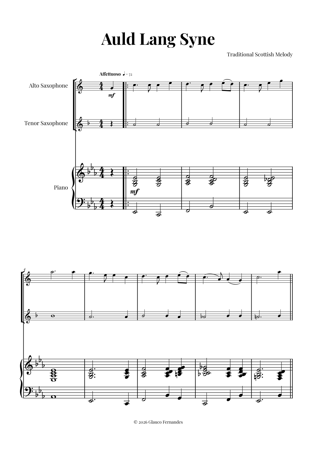 Auld Lang Syne | ALTO & TENOR SAX DUET & PIANO (arr. Glauco Fernandes ...