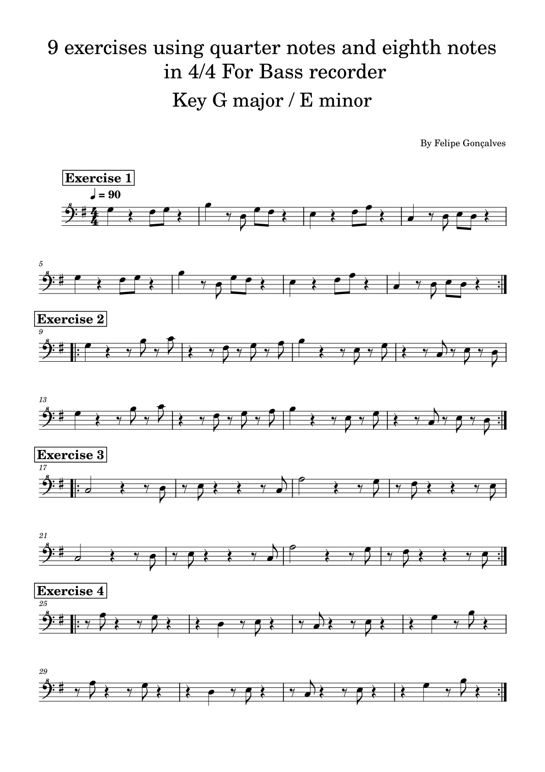9 exercises using quarter notes & eighth notes for Bass recorder, key G ...