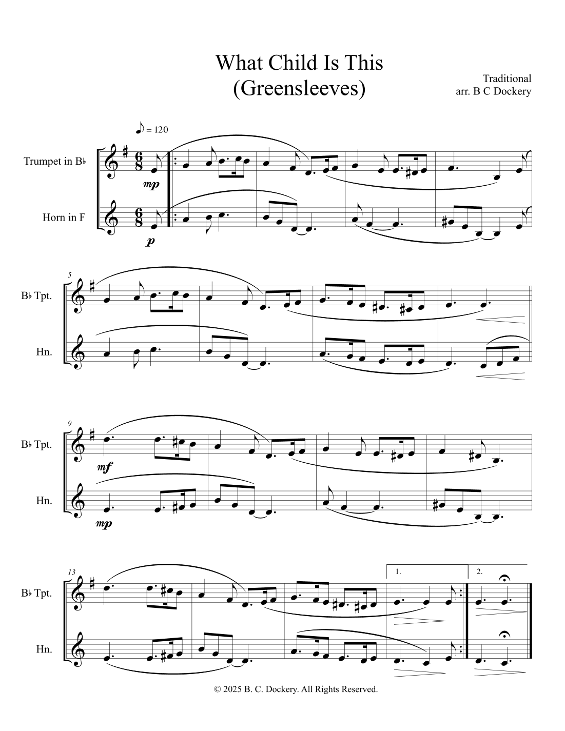 What Child is This (Greensleeves) for Trumpet and French Horn Duet (arr ...