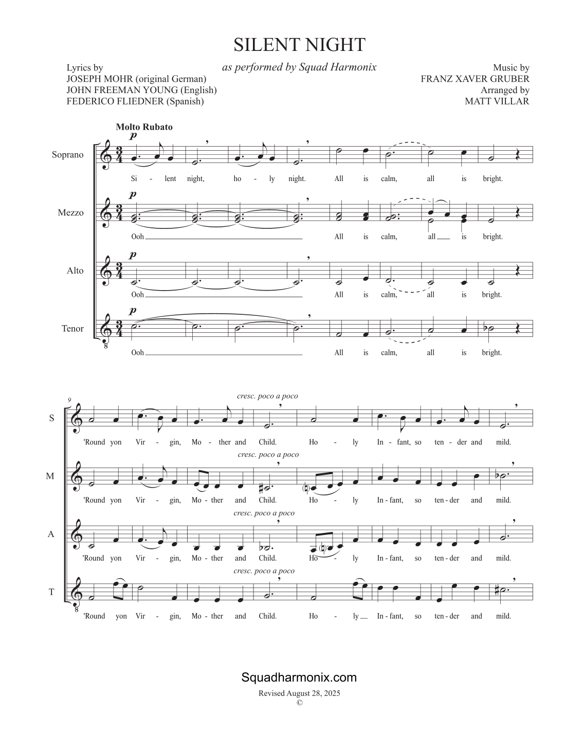 Silent Night (arr. Matt Villar) by Josef Mohr Sheet Music for SSAA ...