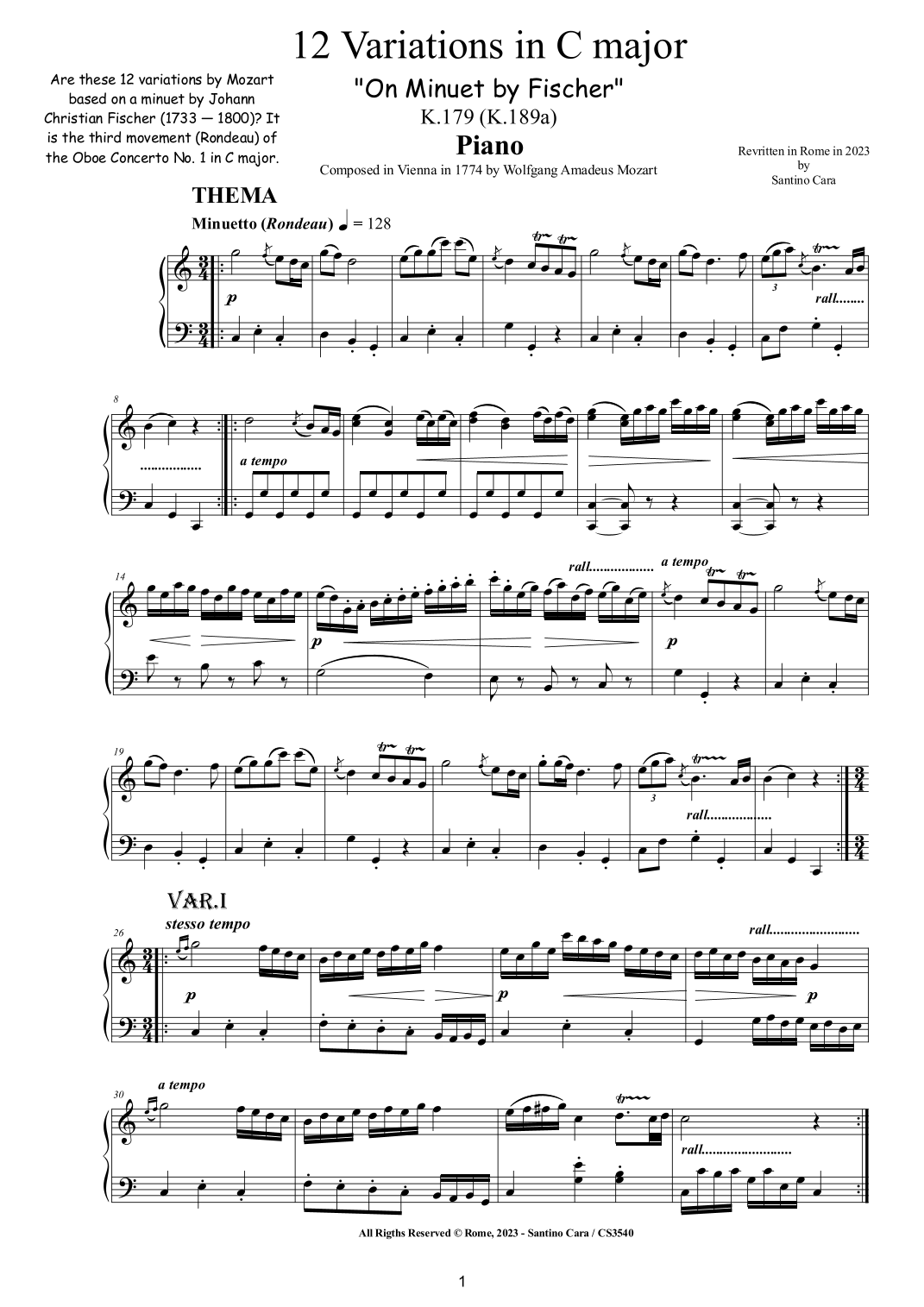 Mozart - 12 Variations in C major 'on Minuet by Fischer' K.179 (K.189a ...