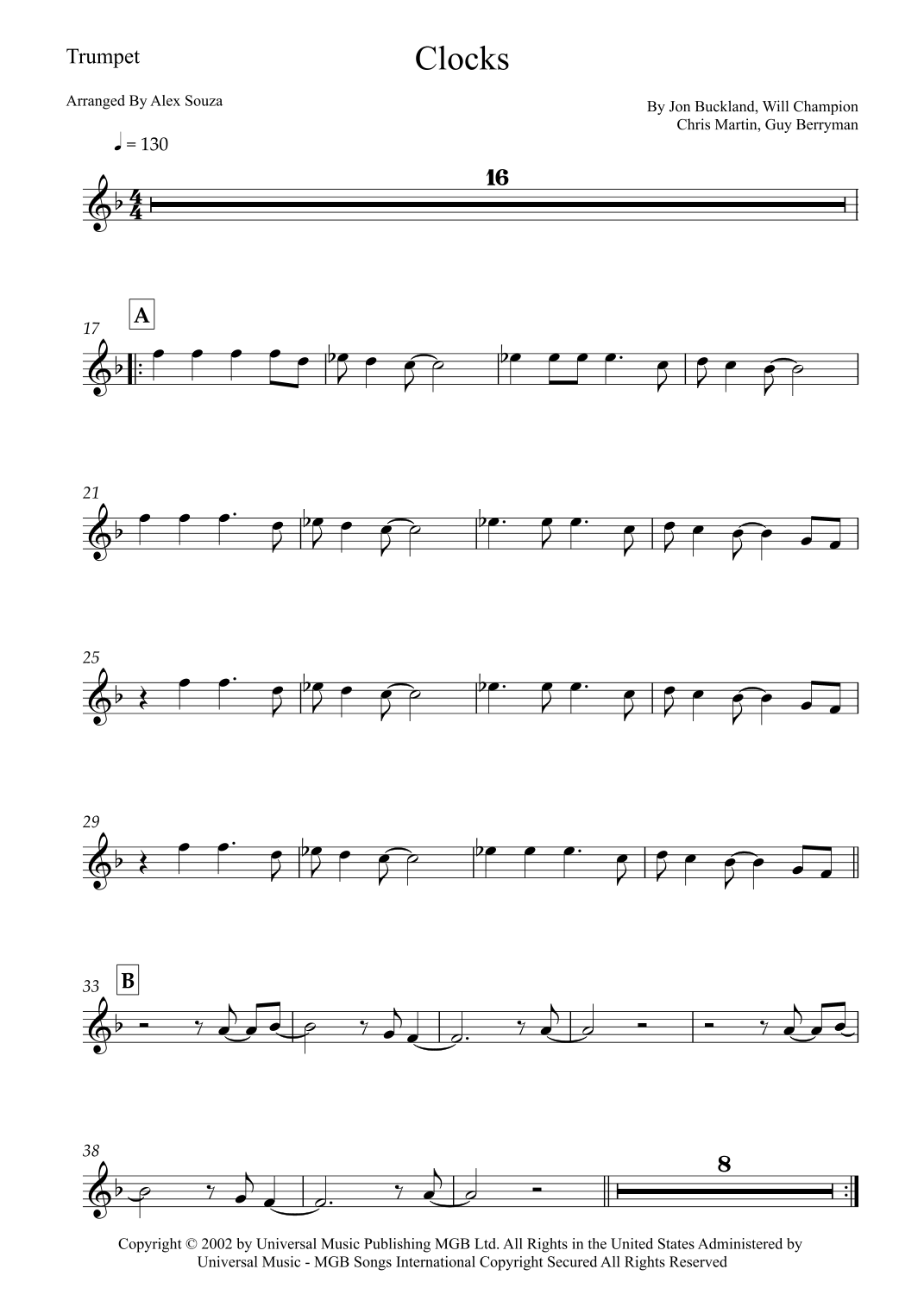 Clocks (arr. Alex Souza) by Coldplay Sheet Music for Trumpet Solo at ...