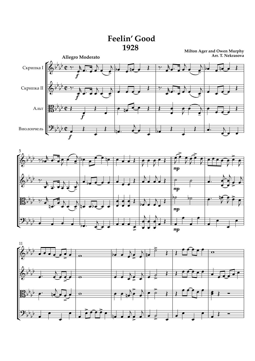 Feelin' Good (arr. Nekrasova T.) by Jack Yellen Sheet Music for String ...