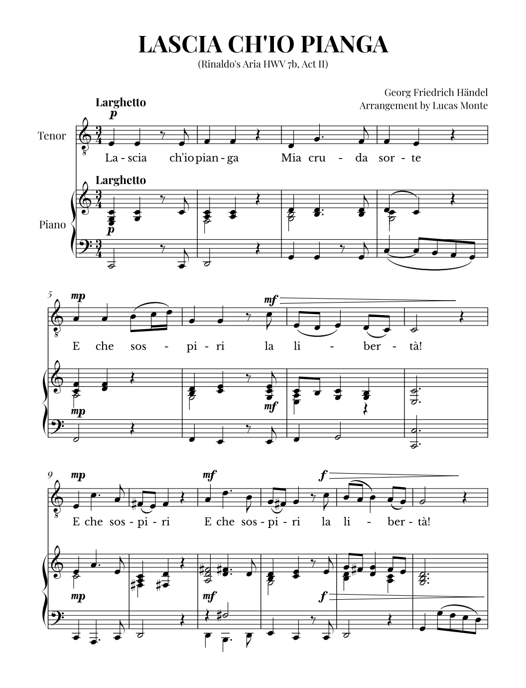 Lascia ch'io pianga in C Major - Piano and tenor (arr. Lucas Monte) by ...