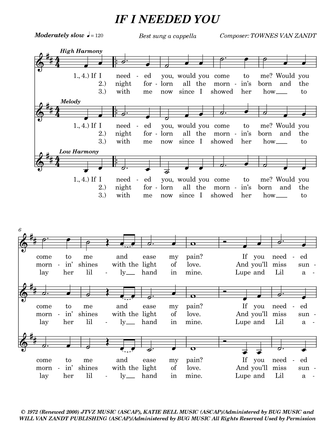 If I Needed You (arr. Richard E. Wentzel) by Townes Van Zandt Sheet ...