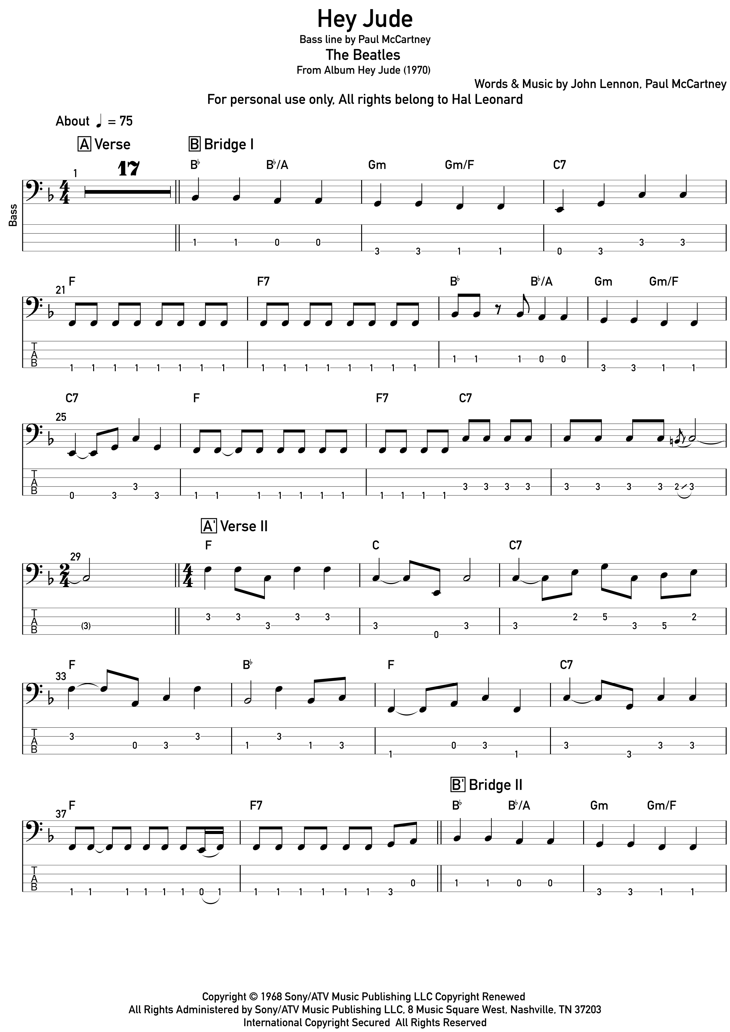 Hey Jude (arr. Igor Sardi Bass) by The Beatles Sheet Music for Bass Guitar Tab at Sheet Music Direct