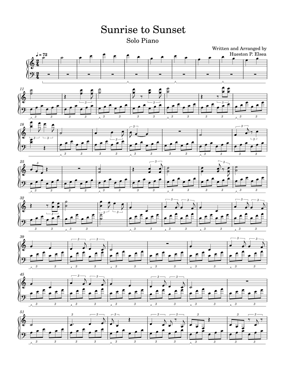 Sunrise to Sunset-solo piano by Hueston P. Elsea Sheet Music for Piano ...
