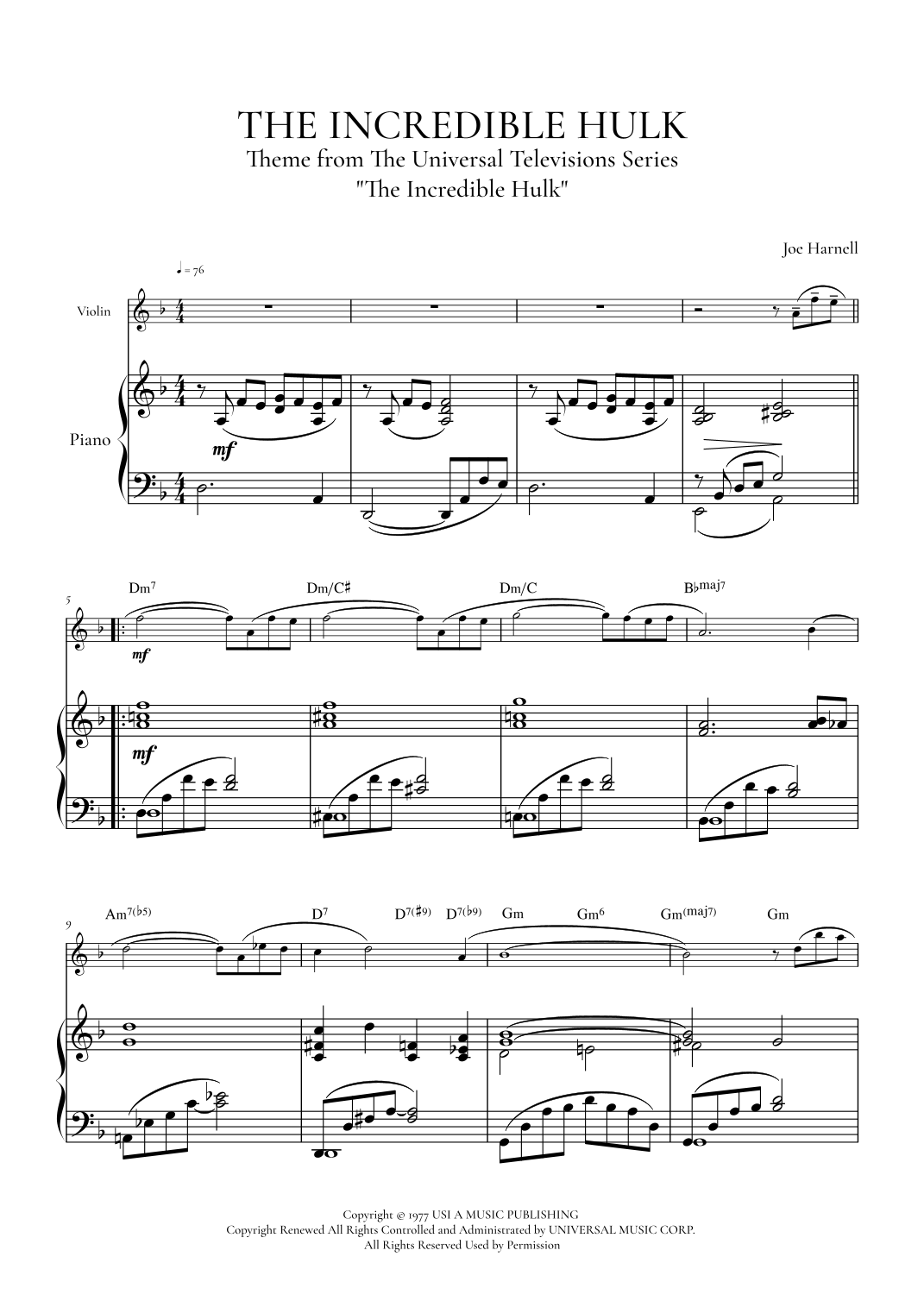 The Incredible Hulk (arr. Phee) by Joe Harnell Sheet Music for Violin ...