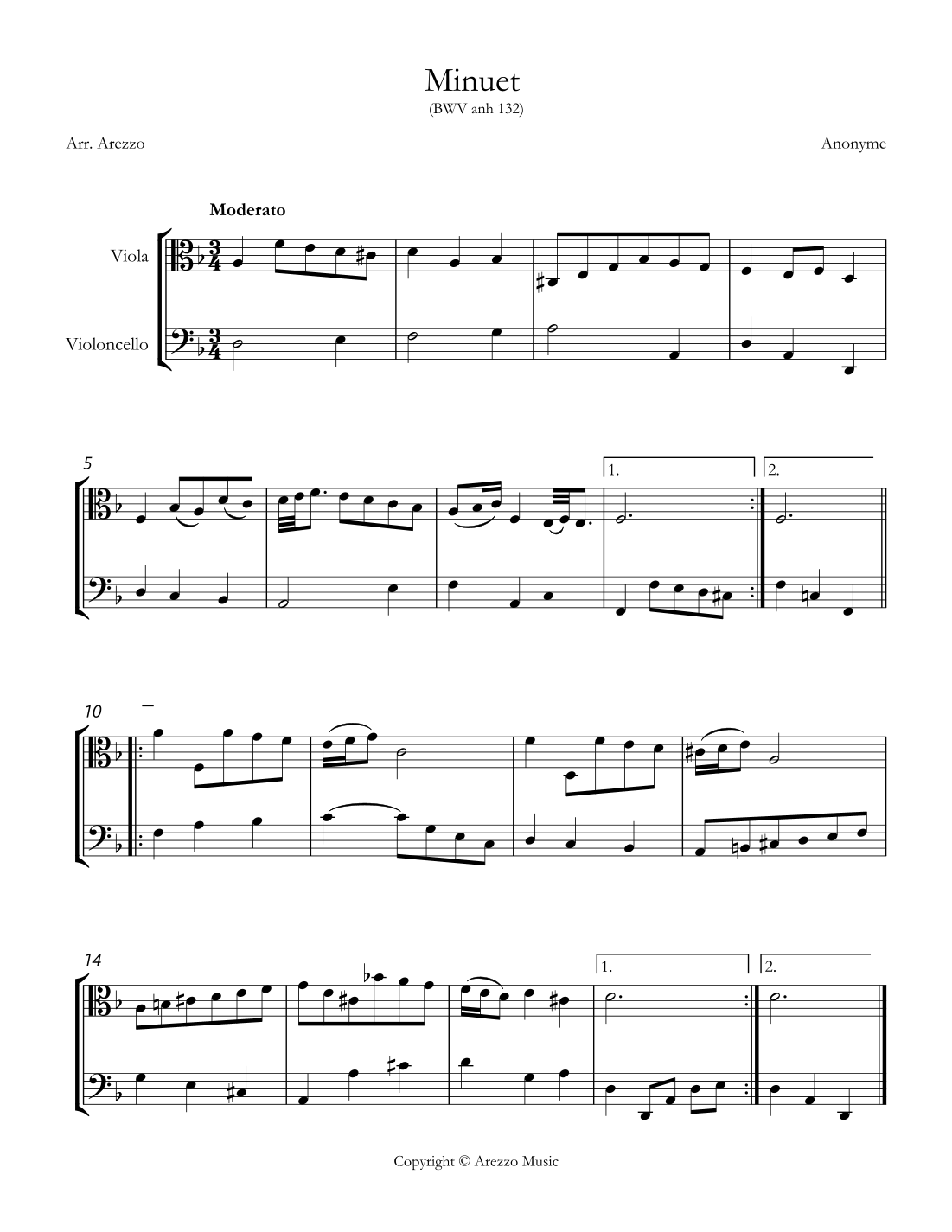 Bach – BWV Anh. 132 Minuet in D minor | Viola and Cello Sheet Music ...