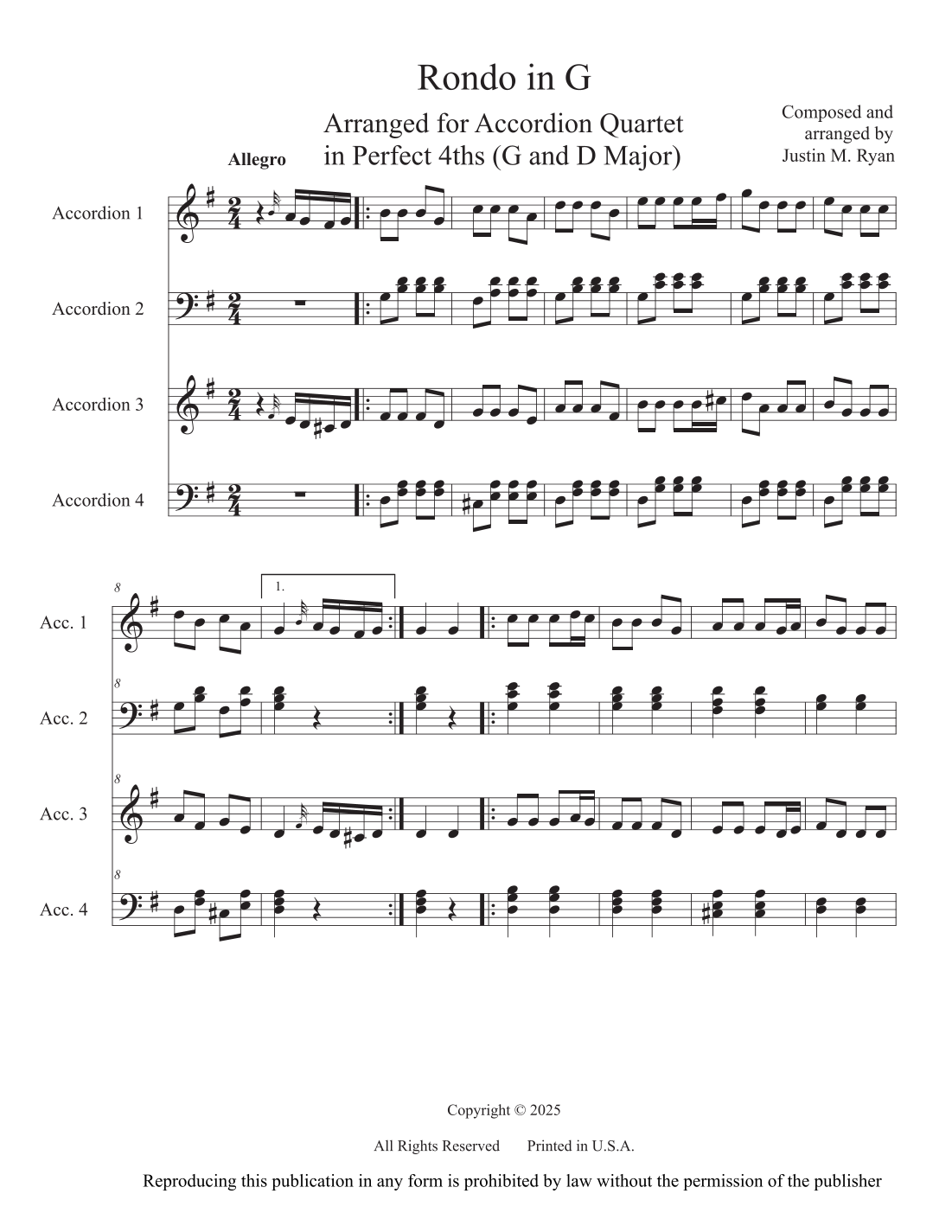 Rondo in G for 4 Accordions in Perfect 4ths (G and D Major) by Justin M ...