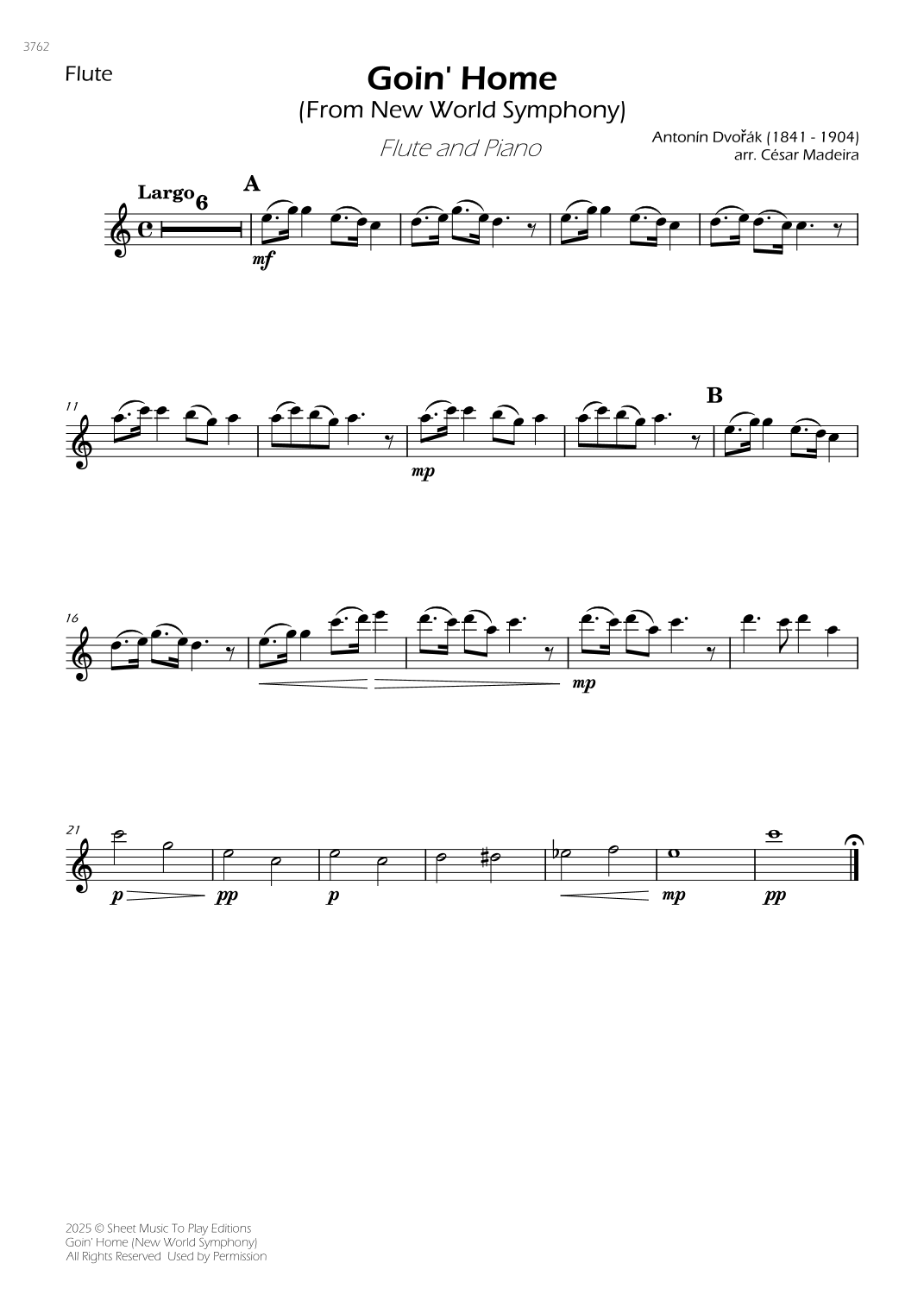 Goin' Home (New World Symphony) - Flute and Piano (Individual Parts ...