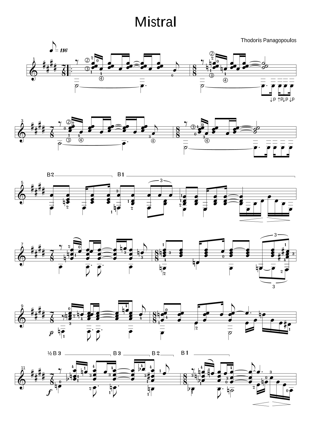 Mistral for classical guitar by Thodoris Panagopoulos Sheet Music for ...