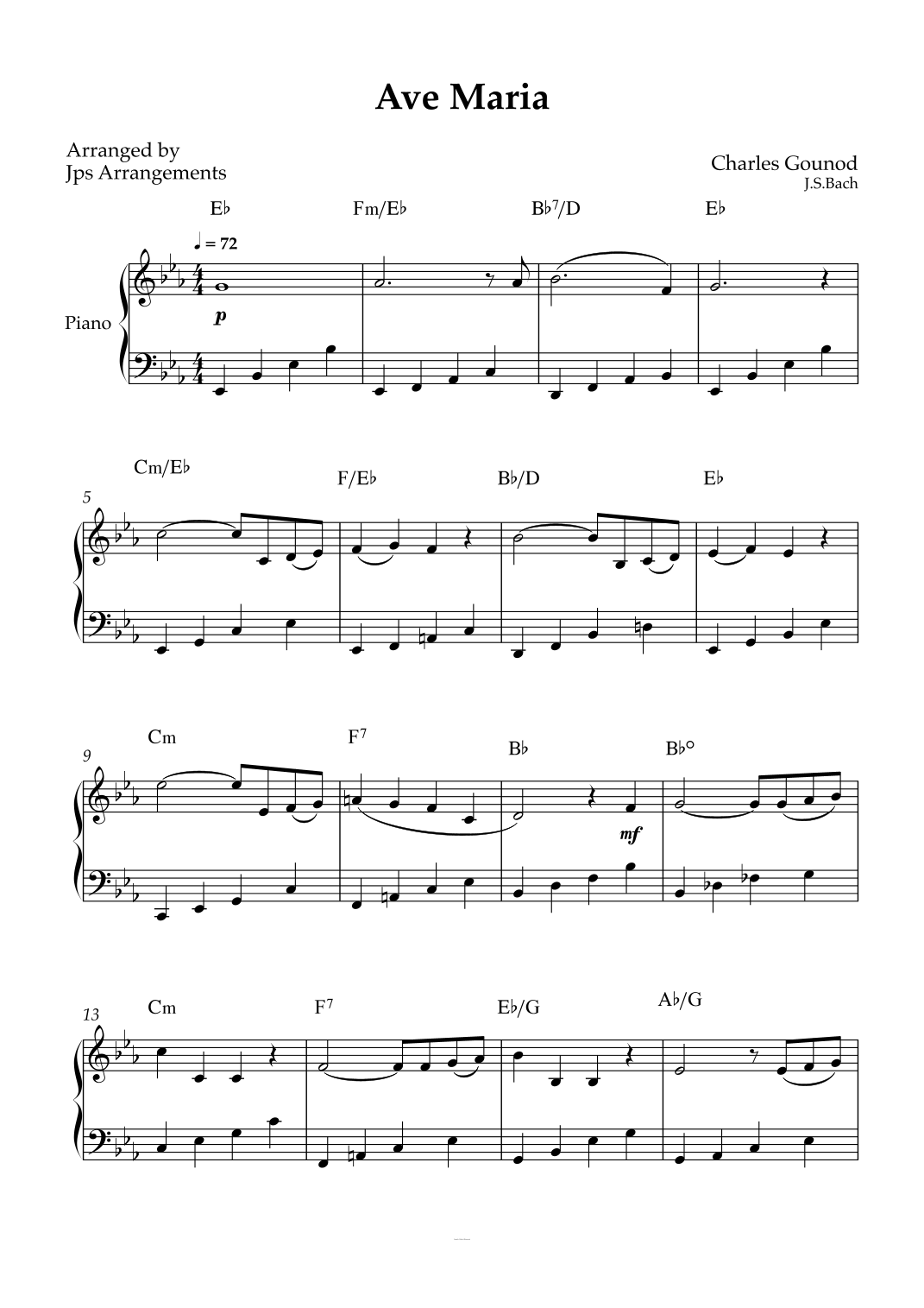 Ave Maria (Bach/Gounod) - Easy intermediate Piano in Eb Major ( with ...