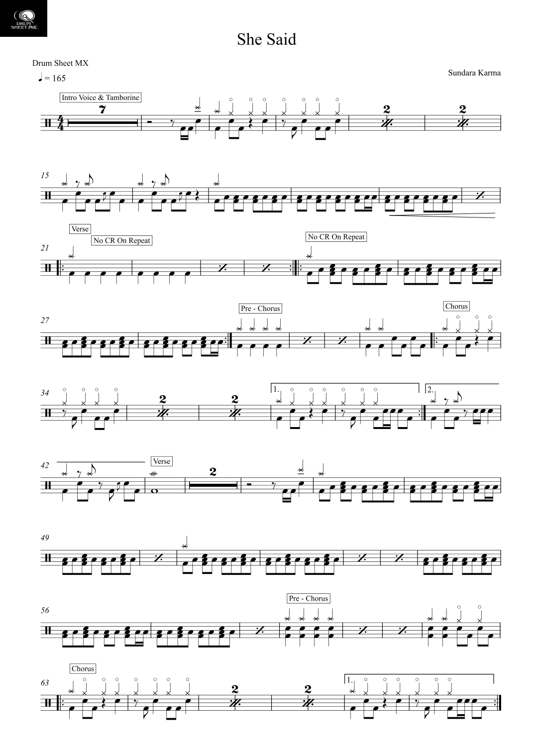 She Said (arr. Drum Sheet MX) by Sundara Karma Sheet Music for Drums at ...